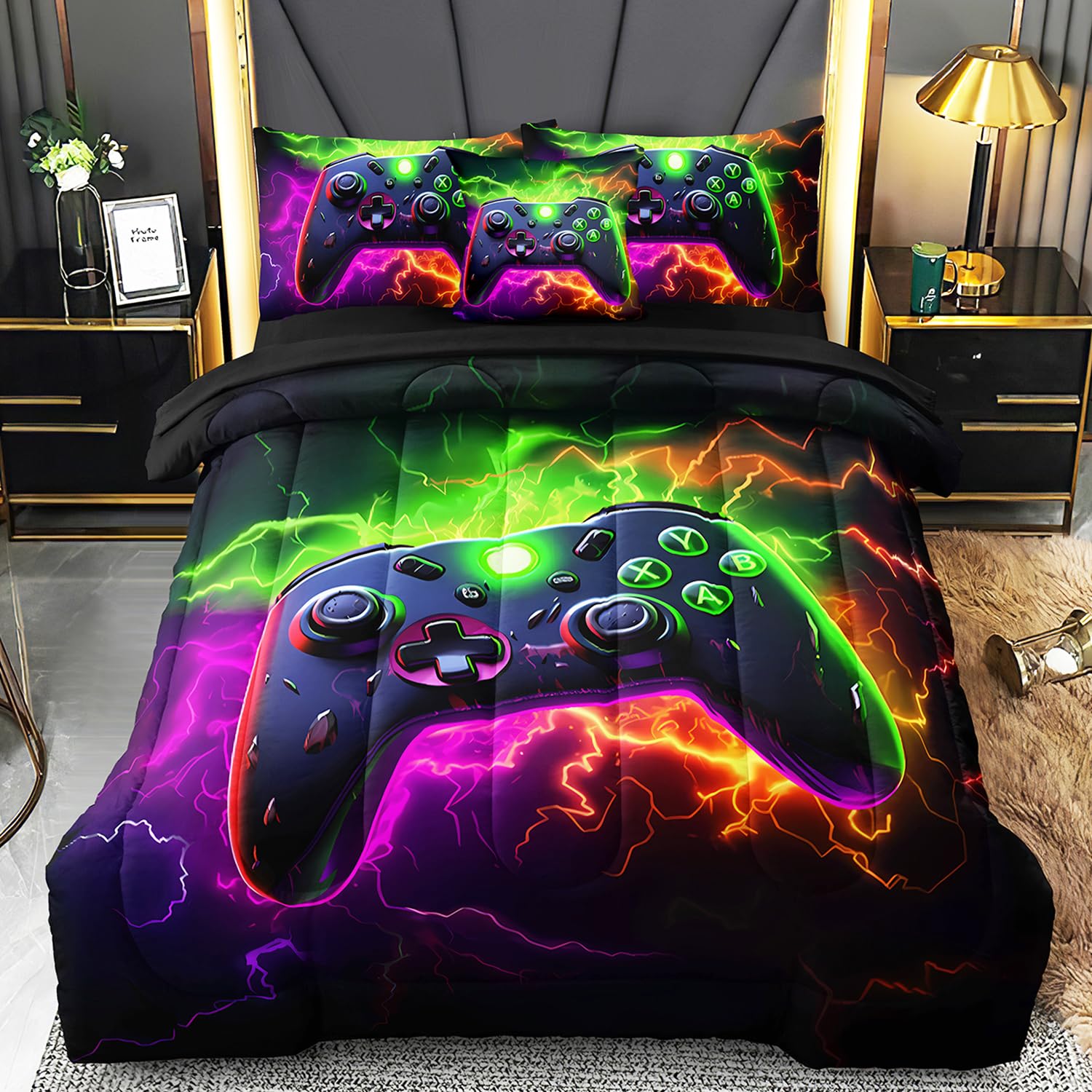 BERTSUCA Twin Gamer Bedding Sets for Boys Teen, 4 Pcs Gaming Twin Comforter Set for Boys, Kids Twin Bedding Set for All Season