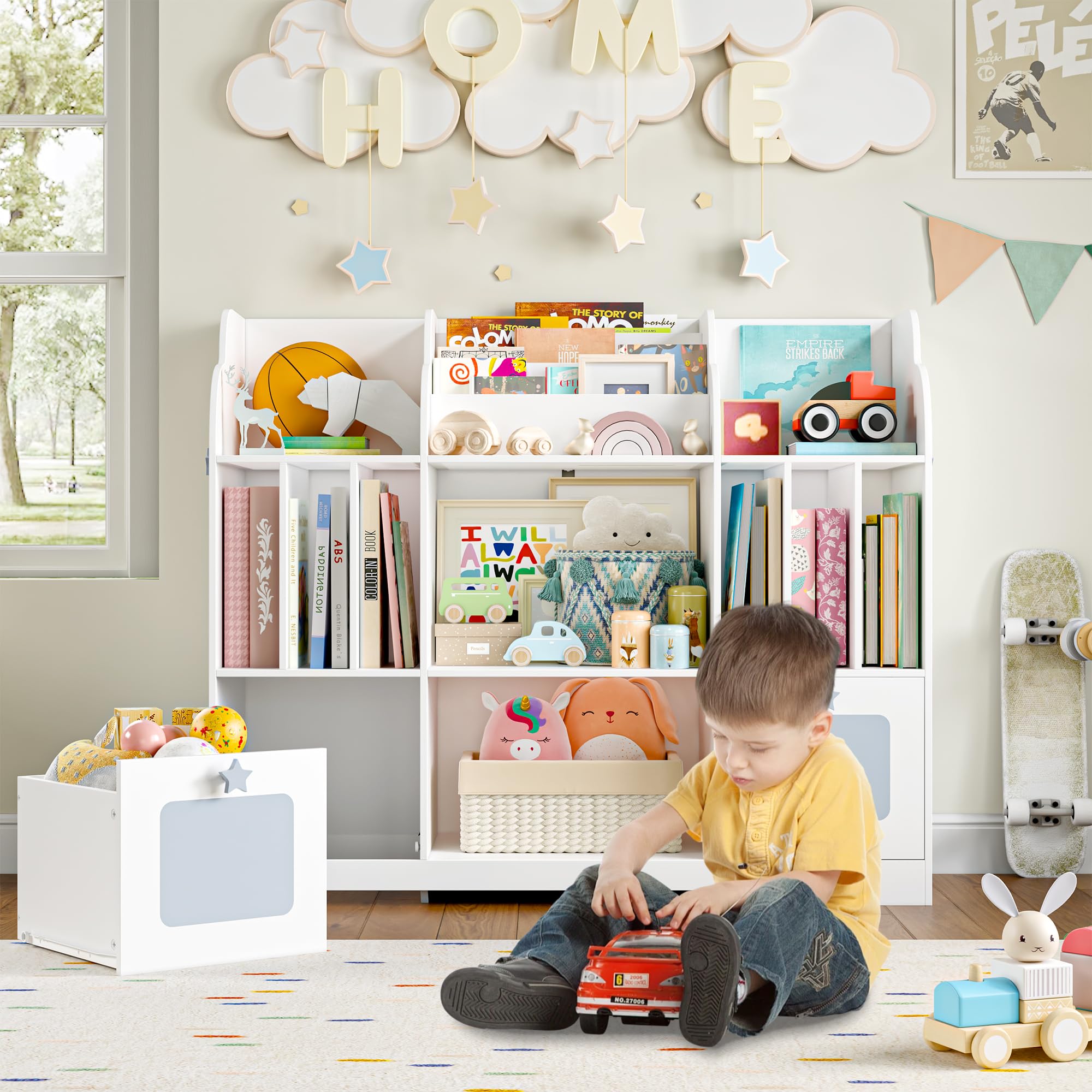 FOTOSOK Toy Storage Organizer, 46'' Toy Shelf, Bookshelf with White and Blue Bookcase & 2 Storage Cubbies Toy Box, Toy Storage Cabinet for Playroom, Bedroom, Classroom, Library