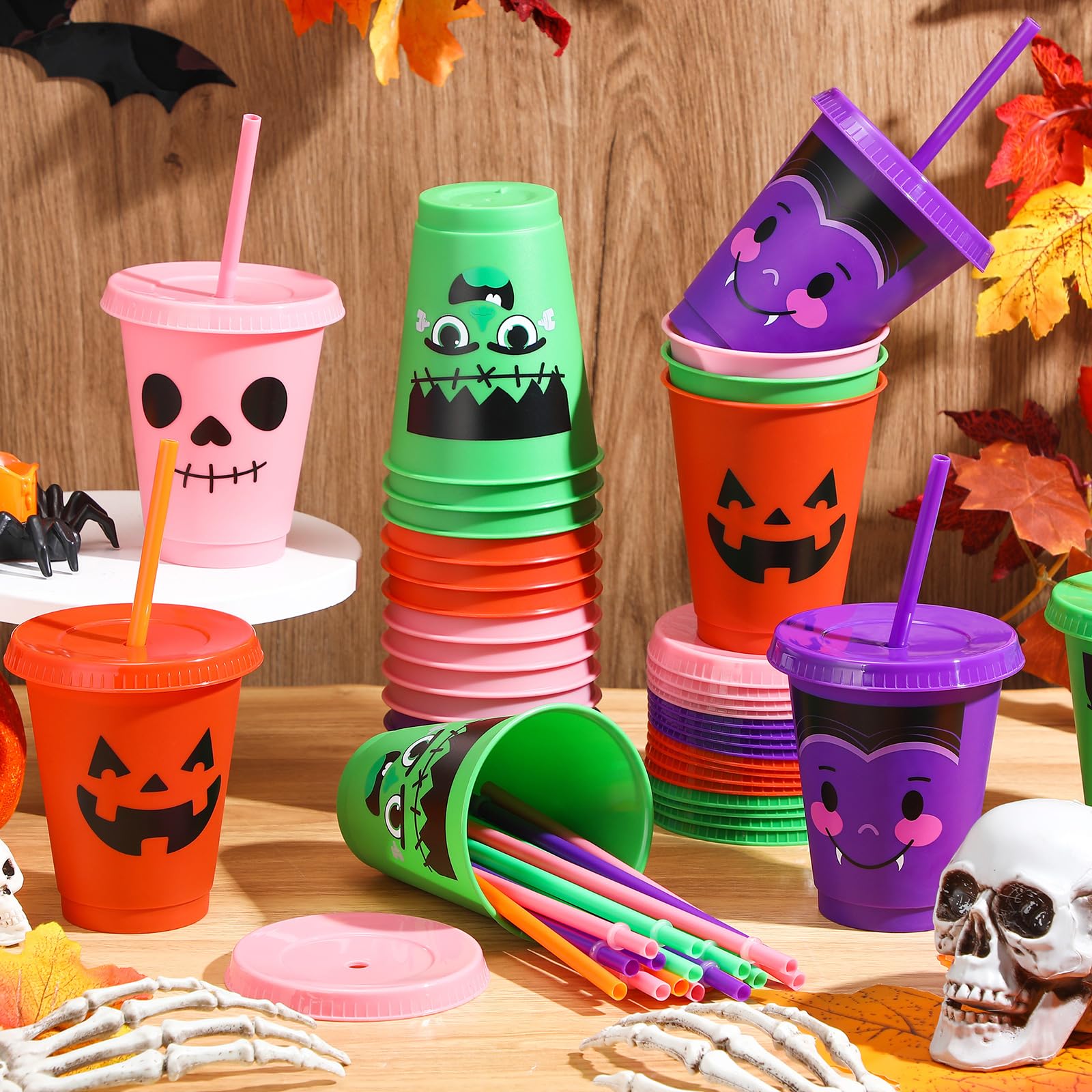 Suttmin 24 Pcs Halloween Party Cups 16 oz Halloween Disposable Plastic Tumbler with Lid and Straw in 4 Colors for Coffee Tea Cold Drinks Party Favors Supplies (Orange, Green, Purple, Pink)