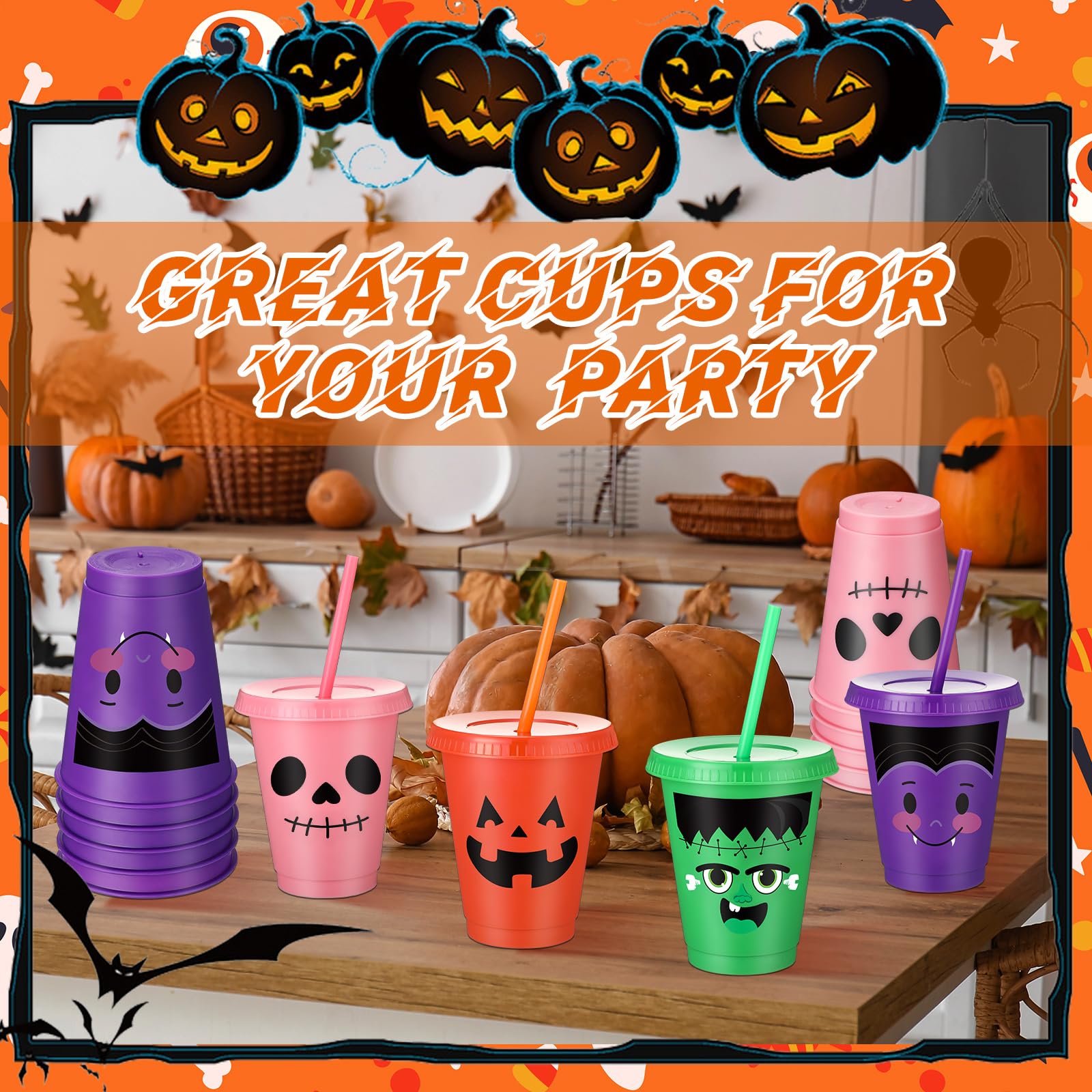 Suttmin 24 Pcs Halloween Party Cups 16 oz Halloween Disposable Plastic Tumbler with Lid and Straw in 4 Colors for Coffee Tea Cold Drinks Party Favors Supplies (Orange, Green, Purple, Pink)