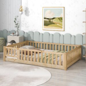 rockingrun full size montessori floor bed frame with safety fence & convertible door, toddler floor bed with sturdy solid wood support slats and full-length guardrails for kids girls boys (natural)