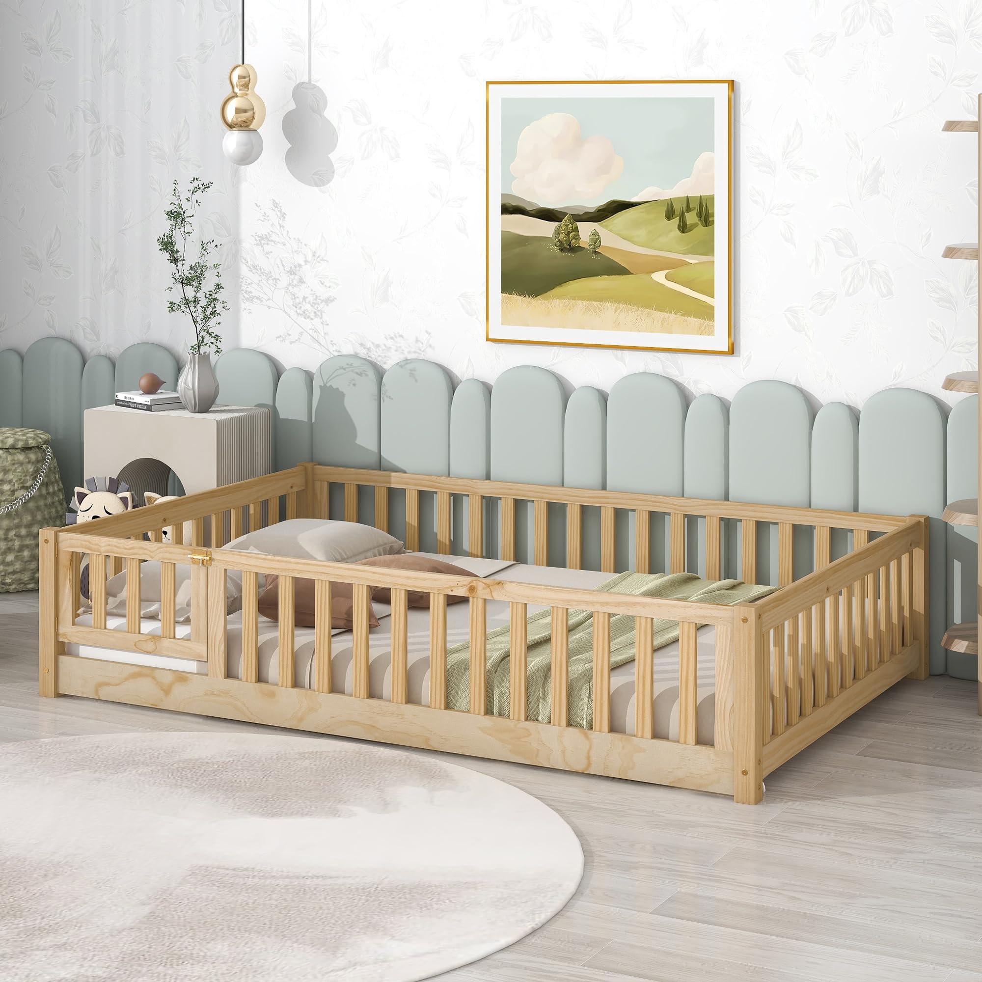 ROCKINGRUN Full Size Montessori Floor Bed Frame with Safety Fence & Convertible Door, Toddler Floor Bed with Sturdy Solid Wood Support Slats and Full-Length Guardrails for Kids Girls Boys (Natural)