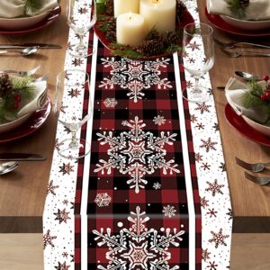 Niviy Snowflakes Christmas Table Runner with Buffalo Plaid, Winter Xmas Holiday Kitchen Dining Table Decoration for Indoor Outdoor Home Party Decor 13 x 72