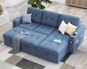 amerlife 84 inch pull out couch, tufted sofa bed with 2 usb sockets & cup holders, l shape sectional sleeper sofa bed with storage chaise- linen blue