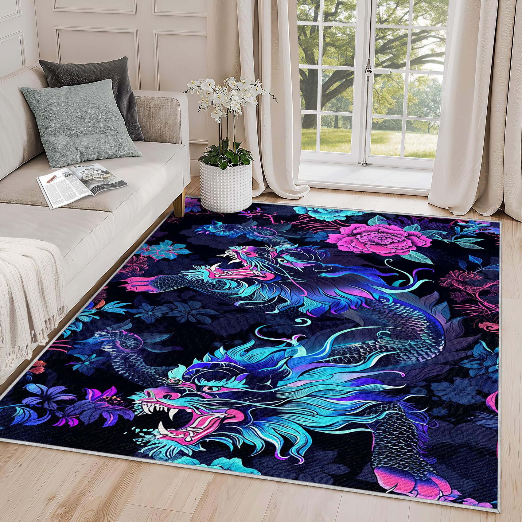 Yoozitrees 5x8 Rug, Japanese Dragon Rug, Chinese Dragon Floral Fantasy Rugs for Living Room Bedroom, Neon Tattoo Carpet, Washable & Non Slip Large Indoor Area Rug, Japanese Dragon Home Decor & Gifts