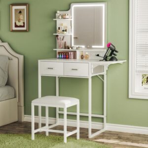 alexnutre makeup vanity desk with mirror and lights, small vanity with fabric storage drawer & chair & shelves, white vanity with fold-up panel and power outlet for bedroom