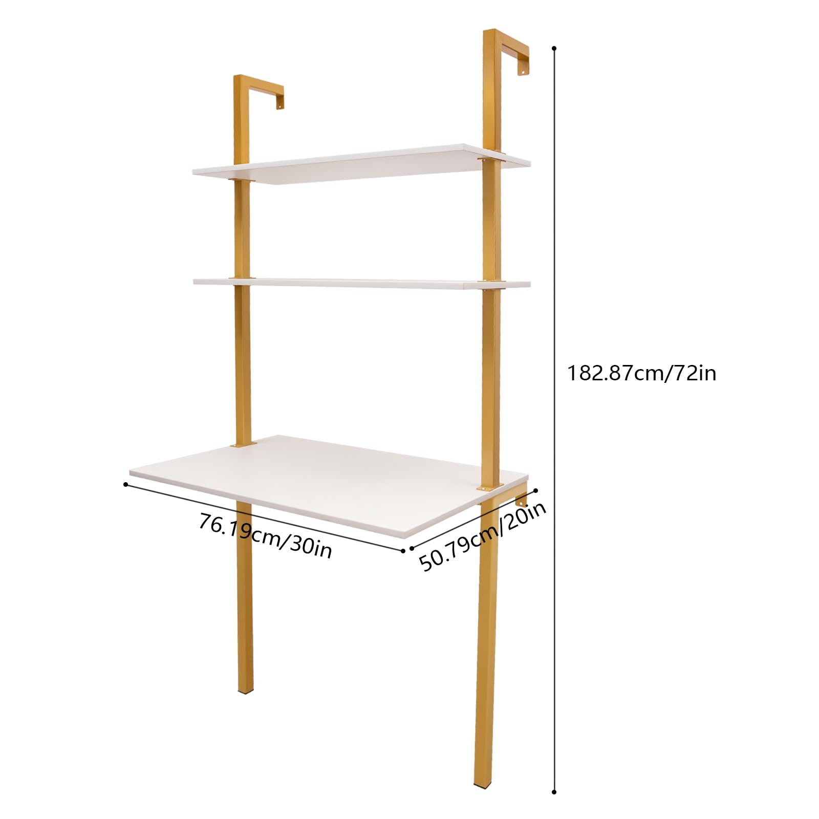 AOOCHU Wall Mounted Desk Computer Writing Table Wall Mount Ladder Small Computer Desktop 3Tier Computer Desk Storage Desk Cabinet with Power Strip for Home Office Student Dormitories (Gold, White)