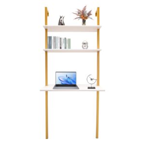 AOOCHU Wall Mounted Desk Computer Writing Table Wall Mount Ladder Small Computer Desktop 3Tier Computer Desk Storage Desk Cabinet with Power Strip for Home Office Student Dormitories (Gold, White)