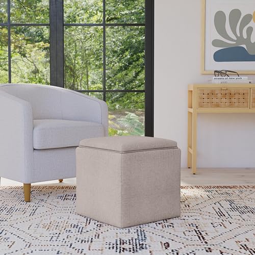 HomePop Home Decor Storage Ottoman with Tray Top|Upholstered Modern Square Storage Ottoman with Storage for Living Room & Bedroom, Light Brown Woven