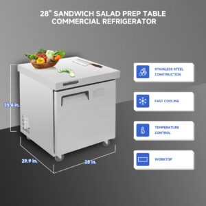 GAOMON Refrigerator Sandwich, 28" Sandwich & Salad Prep Table Commercial 7.42 Cu. Ft Stainless Steel Refrigerated Food Prep Station, Cut Board, 1 Door Worktop Fridge with lock for Restaurant