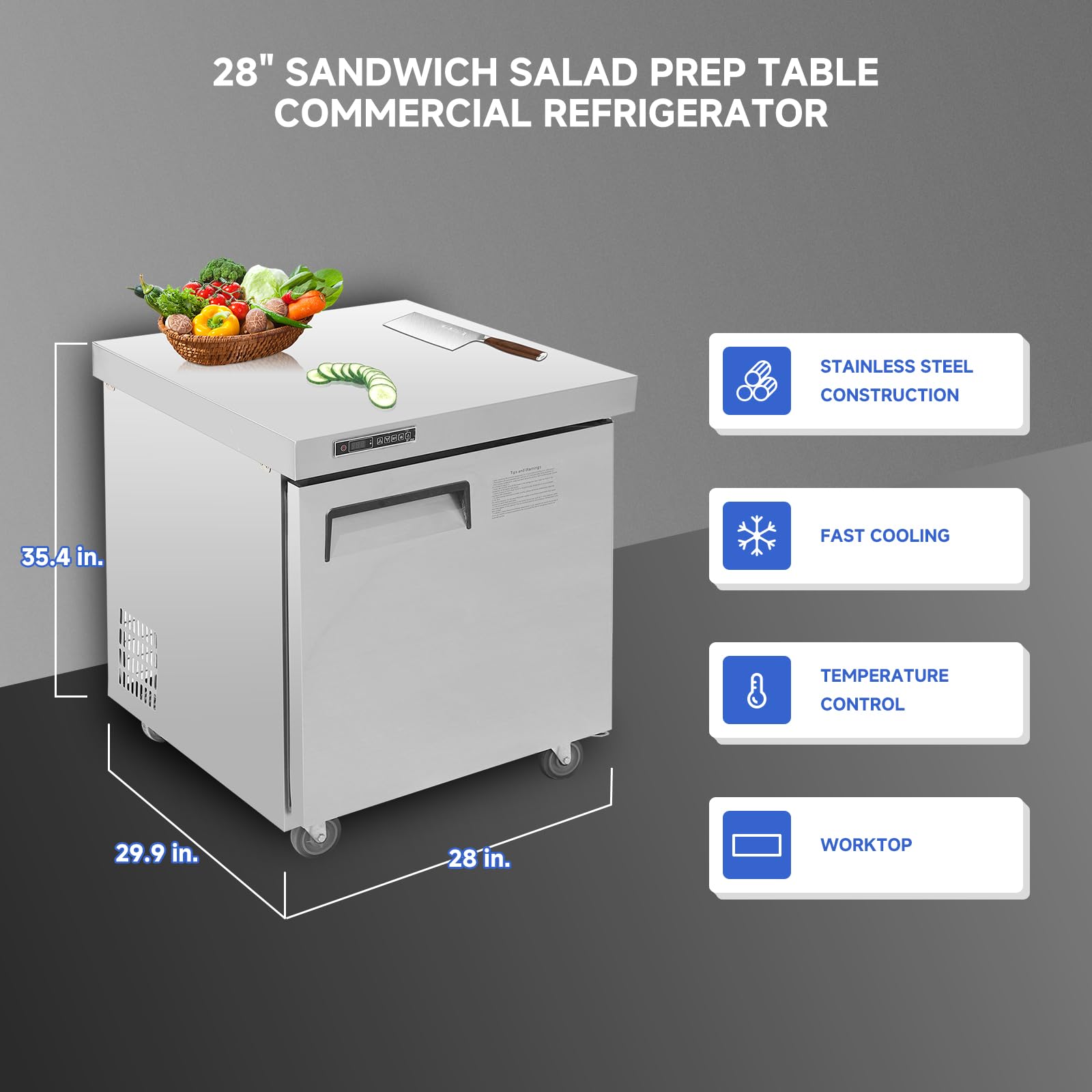 GAOMON Refrigerator Sandwich, 28" Sandwich & Salad Prep Table Commercial 7.42 Cu. Ft Stainless Steel Refrigerated Food Prep Station, Cut Board, 1 Door Worktop Fridge with lock for Restaurant