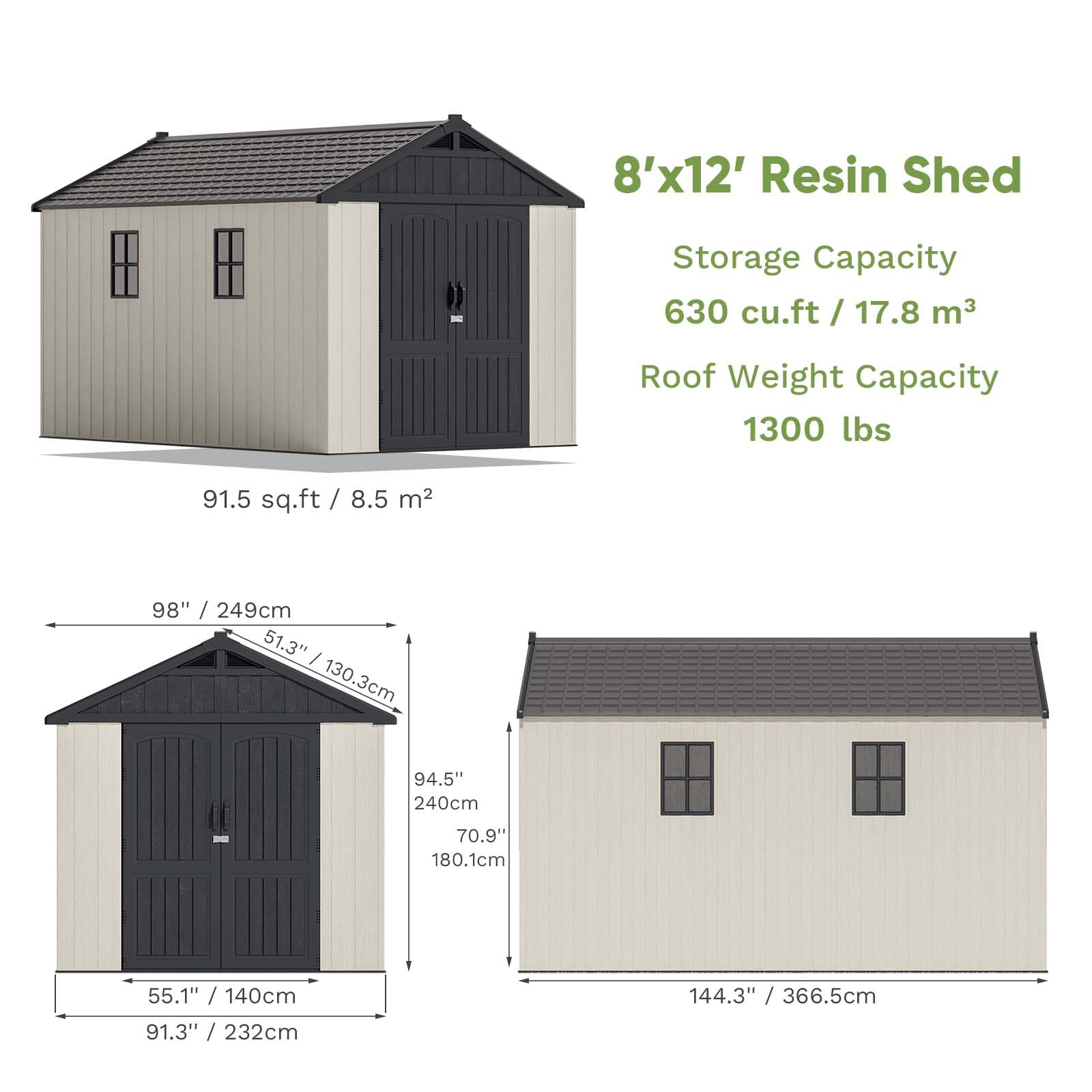 VICTONE Plastic Outdoor Storage Shed 8 x 12 FT with Floor, Resin Tool Shed with Two Windows and Lockable Door for Garden, Backyard, Easy to Install in Gray and White (Kick-it Shed)