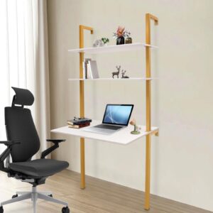 AOOCHU Wall Mounted Desk Computer Writing Table Wall Mount Ladder Small Computer Desktop 3Tier Computer Desk Storage Desk Cabinet with Power Strip for Home Office Student Dormitories (Gold, White)