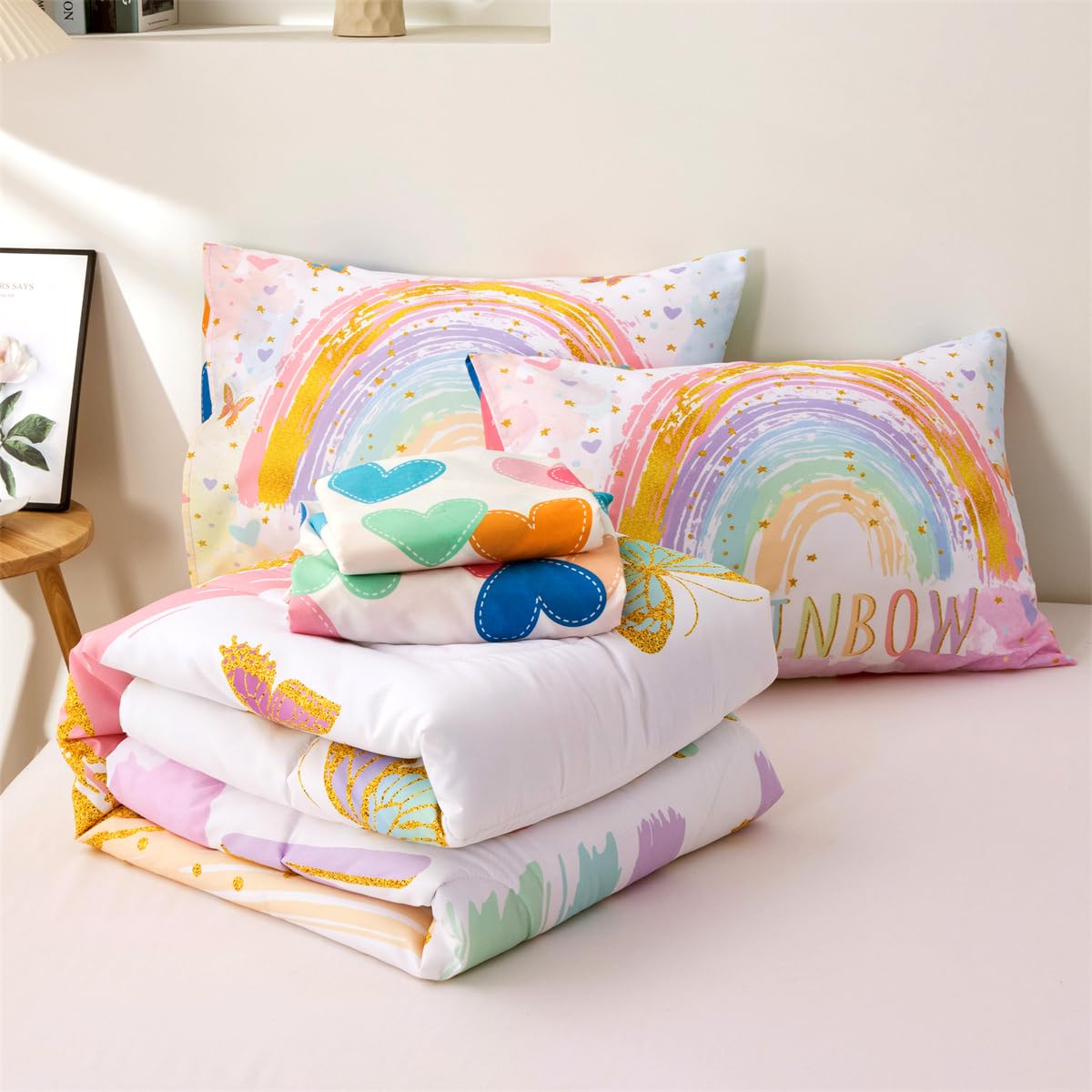 NTBED Rainbow Comforter Set with Sheets,5 Pieces Butterfly Bed in a Bag Twin Size for Girls, Lightweight Microfiber Kids Bedding Sets