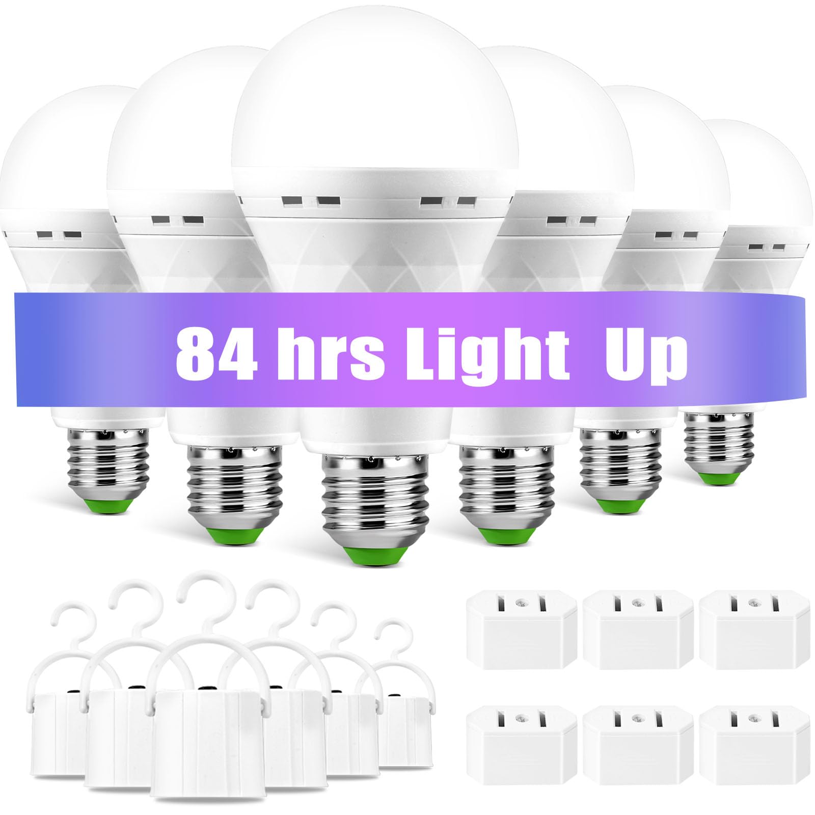 LHZHENG Emergency-Rechargeable-Light-Bulb, Stay Lights Up When Power Failure, 1500mAh 12W 60W Equivalent LED Light Bulbs for Home, Camping, Hiking (E27, with Hook,with Plug Cap) 6 Pack