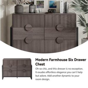 Aoikax Modern Fluted 6-Drawer Dresser, Farmhouse Wooden Chest of Drawers with Round Handles, Accent Storage Dresser for Living Room, Bedroom, Grey Wash