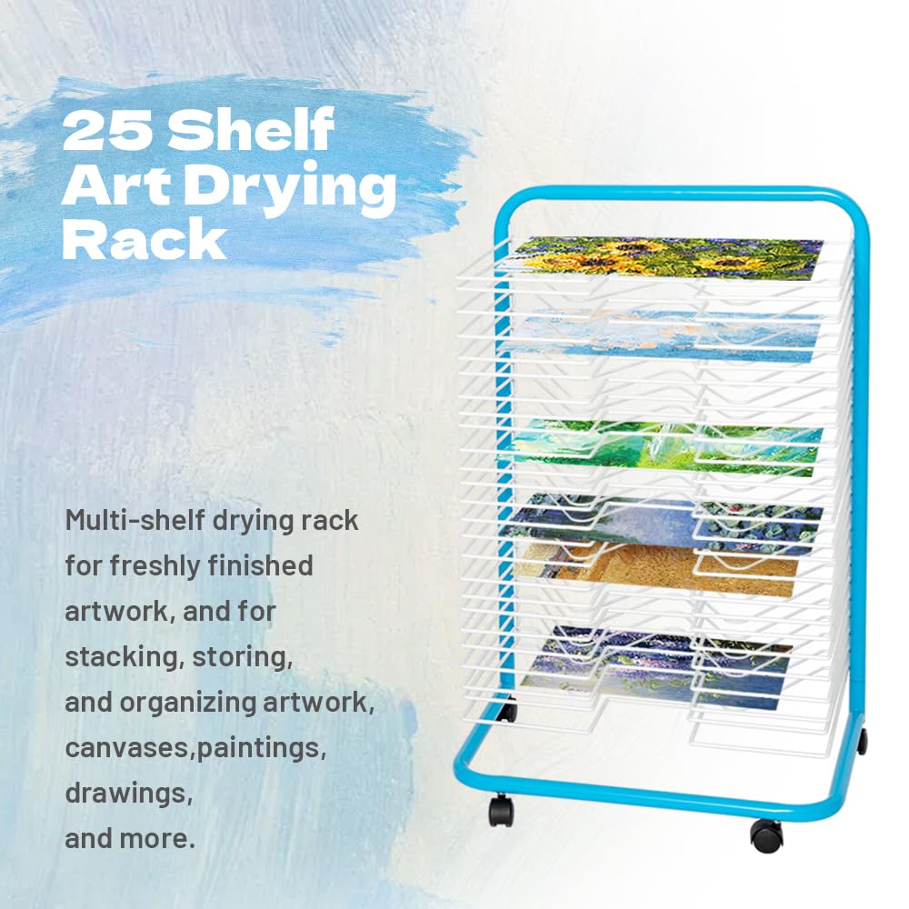 Yeeoy 25 Shelf Art Drying Rack for Art Studios & Classrooms, Mobile Metal Paint Drying Rack with Wheels, Art Storage Rack Art Canvas Organizer for Kids, White