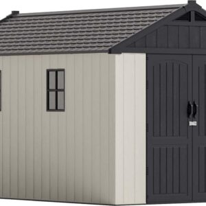 VICTONE Plastic Outdoor Storage Shed 8 x 12 FT with Floor, Resin Tool Shed with Two Windows and Lockable Door for Garden, Backyard, Easy to Install in Gray and White (Kick-it Shed)