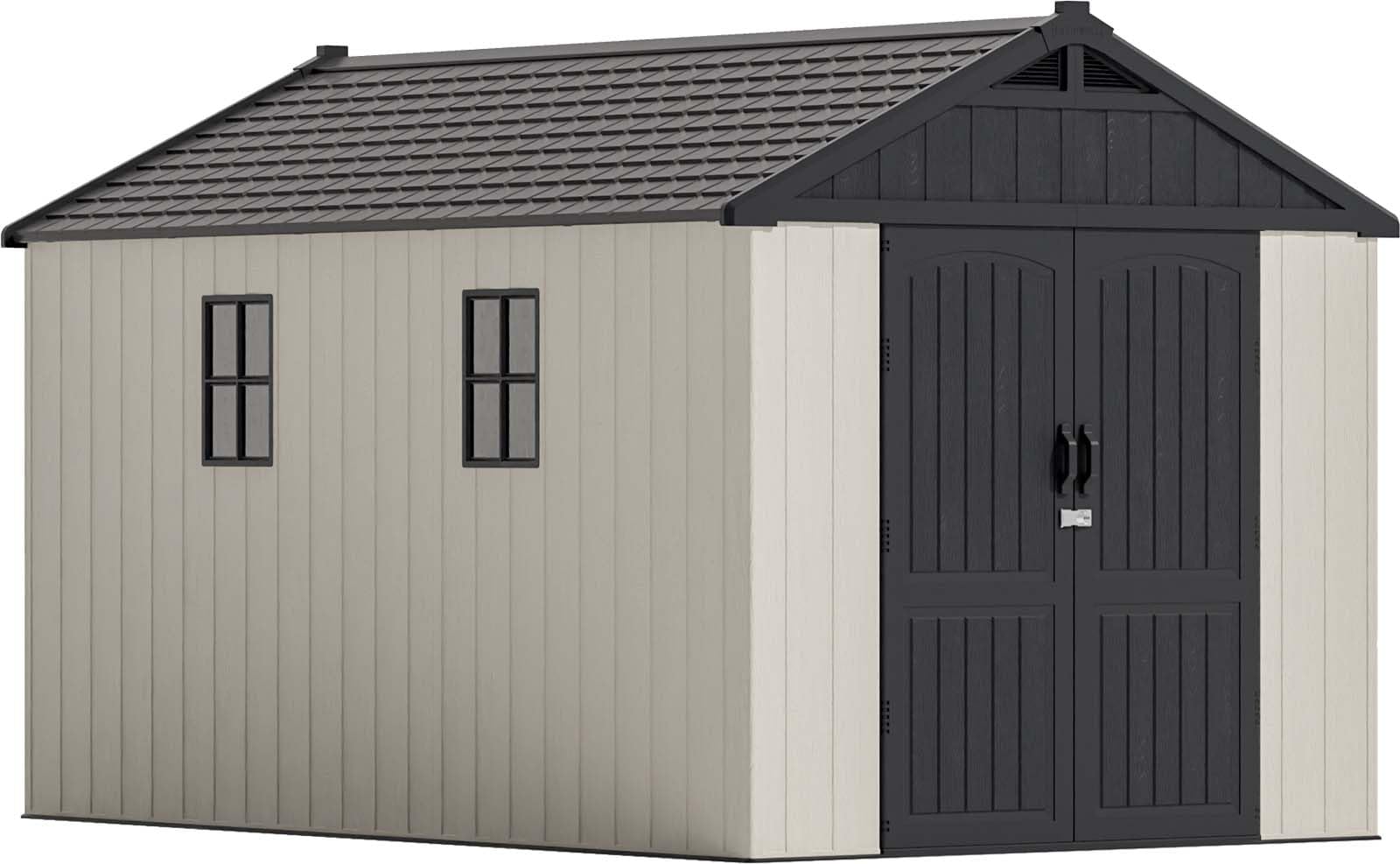 VICTONE Plastic Outdoor Storage Shed 8 x 12 FT with Floor, Resin Tool Shed with Two Windows and Lockable Door for Garden, Backyard, Easy to Install in Gray and White (Kick-it Shed)