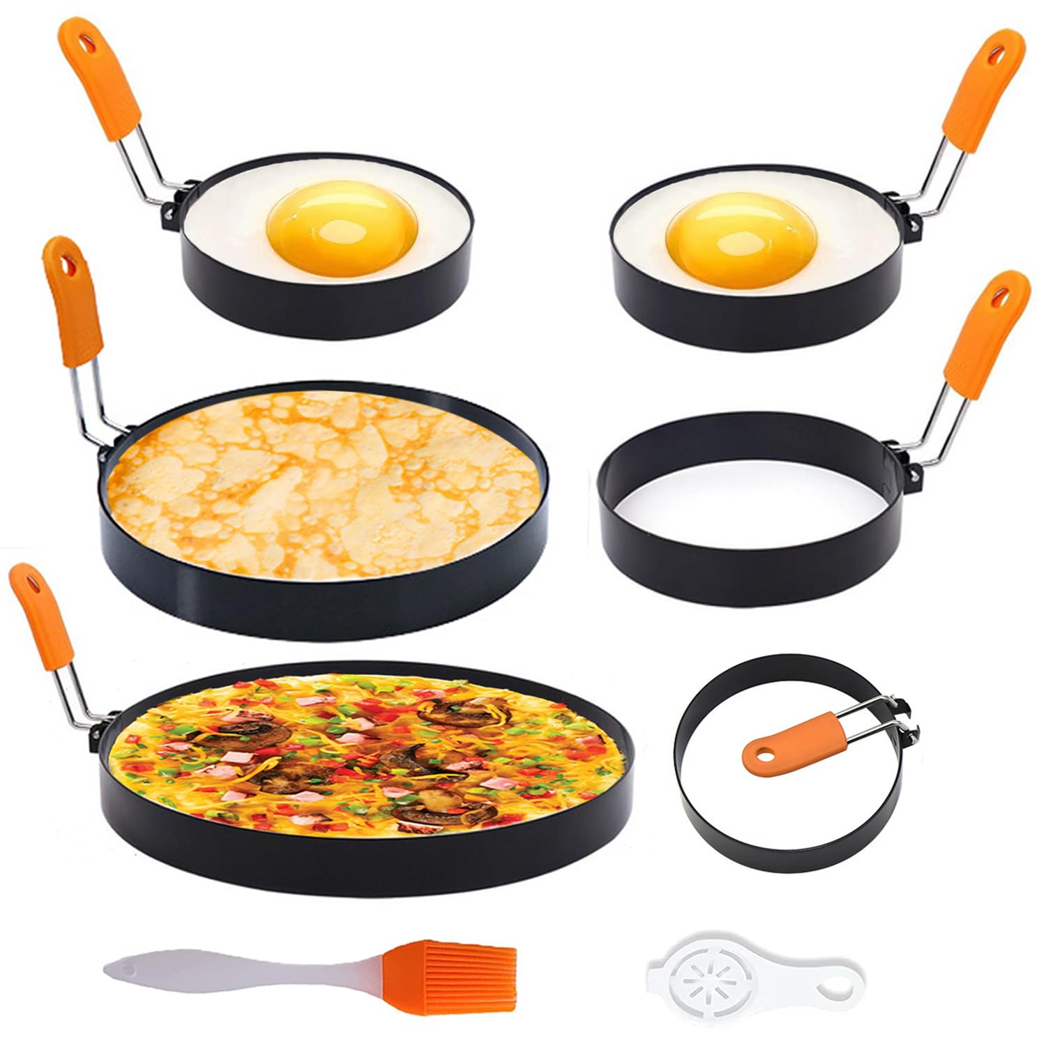 8" Large Omelette Ring,6" Pancake Ring,4" Round Egg Ring,6 Packs Egg Cooking Rings Set for Griddle Frying Eggs,Non-stick Stainless Steel Omelet Ring Egg Cooker Ring for Griddle with Accessorries