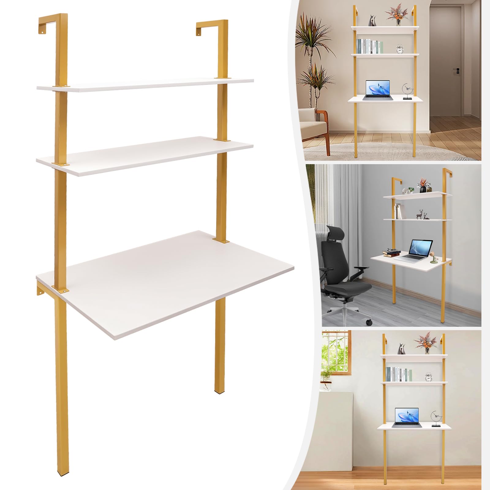 AOOCHU Wall Mounted Desk Computer Writing Table Wall Mount Ladder Small Computer Desktop 3Tier Computer Desk Storage Desk Cabinet with Power Strip for Home Office Student Dormitories (Gold, White)