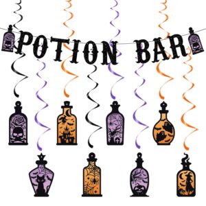 pre-strung potion bar banner for halloween party decorations with potion bar hanging swirls, halloween party banner, halloween bar sign decorations for mantel, halloween haunted mansion decorations