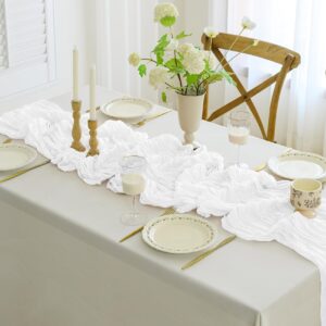 Cheesecloth Table Runner 10FT Gauze Boho Rustic Table Runner 35x120 Inch Long Table Runner for Wedding Baby Shower Bridal Shower Decoration(White)