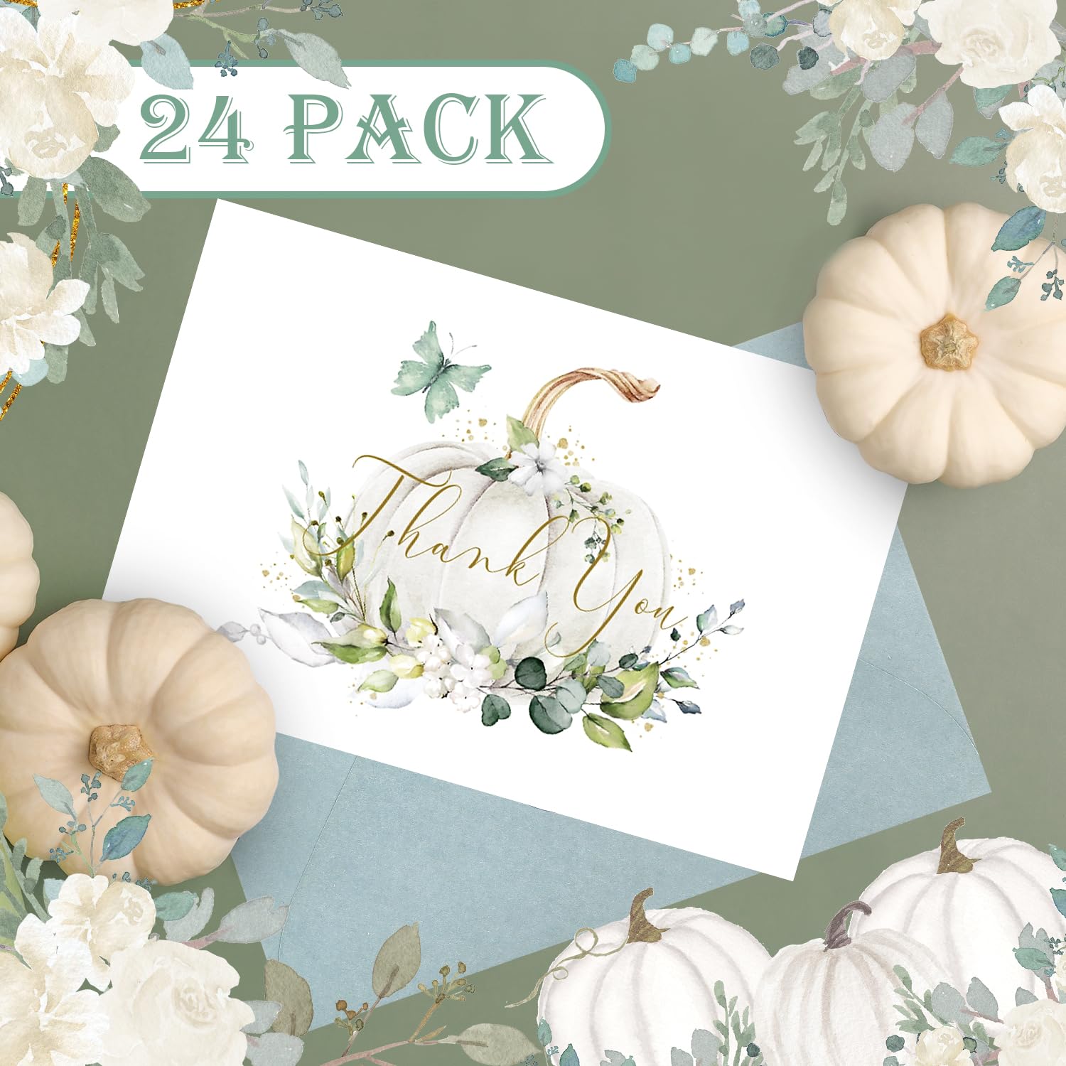 Quera 24 Pack Fall Thank You Cards Floral Pumpkin Autumn Blank Greeting Cards With Envelopes Stickers For Fall Baby Shower Weddings Thanksgiving Bridal Shower - 4x6 Inch