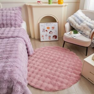 Pink Round Rabbit Plush Rug for Bedroom Living Room Sofa,4'X4' Faux Fur Fluffy Shaggy Circle Rug for Kids Teen Girls Room,Furry Carpet Circular Rug for Nursery Baby Room