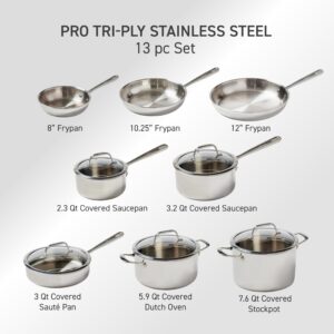 T-fal Pro Tri-Ply Stainless Steel Cookware Set 13 Piece, Induction Compatible Oven Safe 500F, Lids 350F, Fast & Even Heat, Professional Quality & Durability, Pots and Pans Set, Dishwasher Safe, Silver