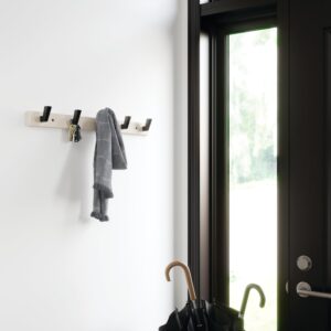 FRANKLIN BRASS Geometric Post Wall Mounted White Oak 27 in. Coat Rack, 5 Matte Black Hooks, B46763K-480-R