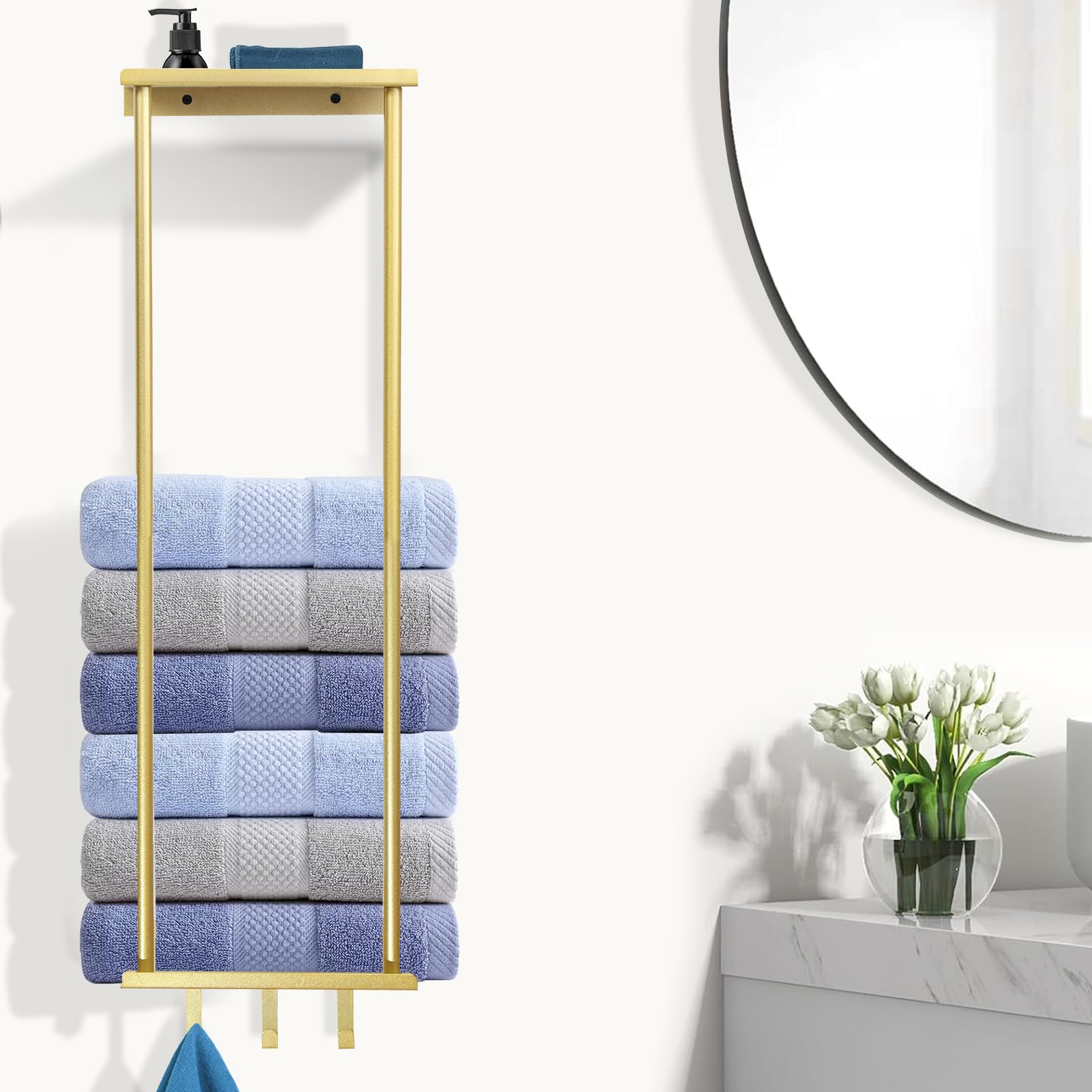 HOTNIU Towel Rack Wall Mounted Bathroom Towel Holder for Rolled Towels, Gold Metal Towel Storage Organizer with Shelf and 3 Removeable Hooks