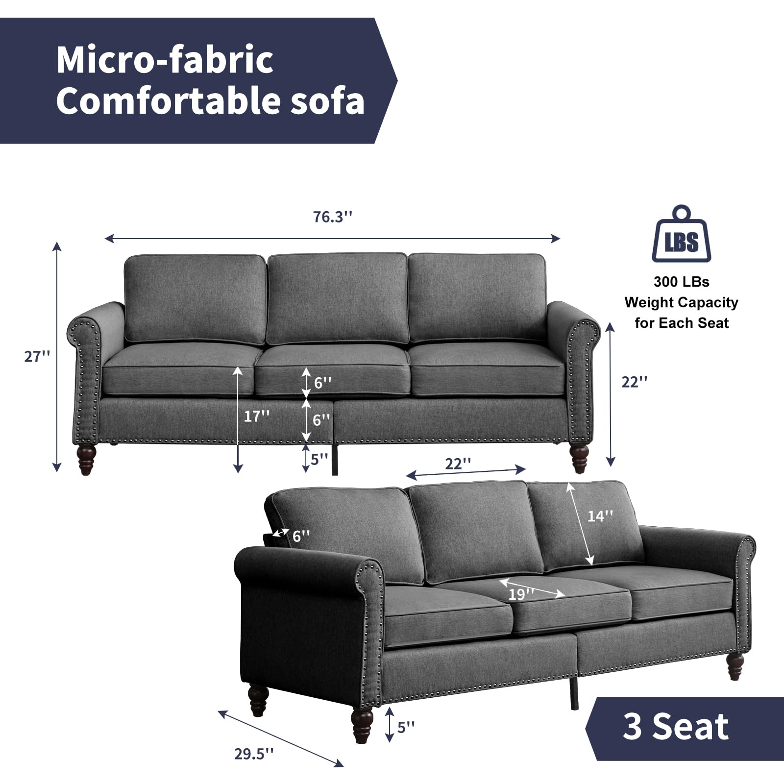 ZAFLY Sofa Couch, 3 Seat Couches for Living Room, 3 Sofa Seat for Small Spaces, Mid Century Modern Couch with Armrest and Backrest, Soft Cushion Sofa for Home/Office/Apartment - Dark Grey