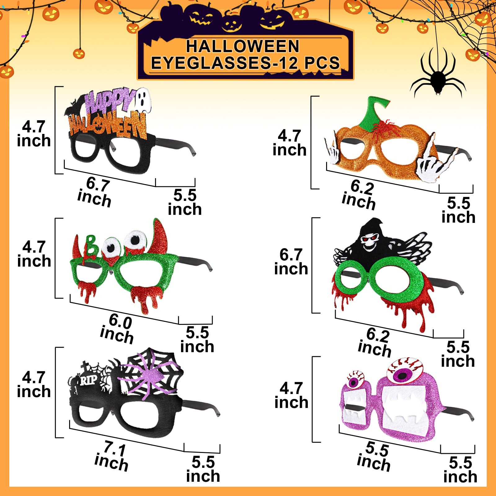 Bluegogo Halloween Glasses 12PCS Glitter Halloween Eyeglasses for Kids Adults Funny Halloween Party Favors Photo Booth Props Pumpkin Spider Web Funny Party Decorations