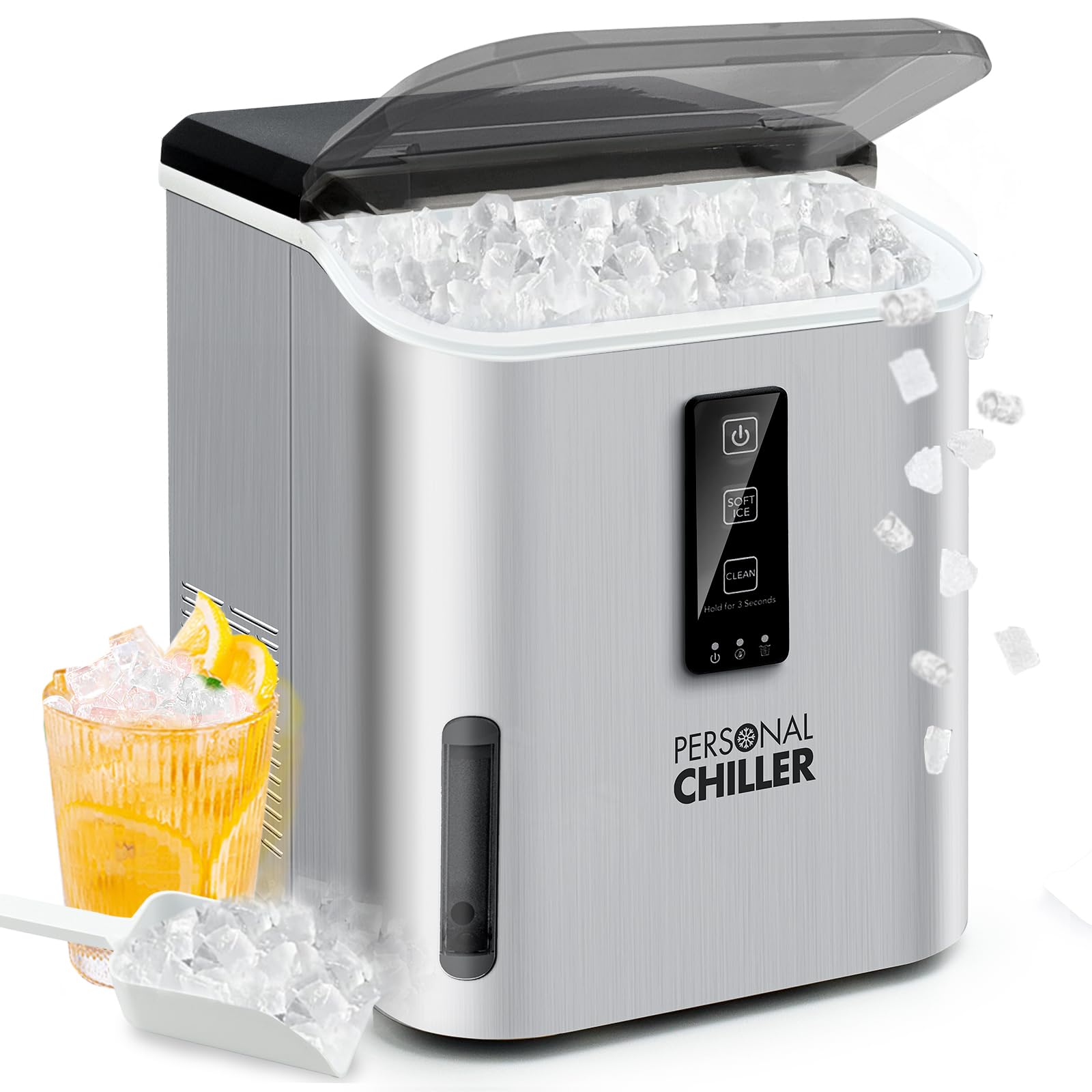 PERSONAL CHILLER Soft Nugget Countertop Ice Maker, 50lbs in 24H,Self-Cleaning Chewable Pellet Ice Machine for Kitchen,Party Bar Office,Camping, Stainless Steel Silver