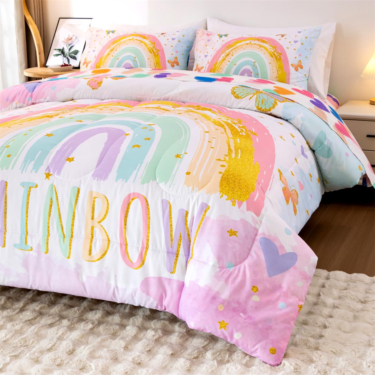 NTBED Rainbow Comforter Set with Sheets,5 Pieces Butterfly Bed in a Bag Twin Size for Girls, Lightweight Microfiber Kids Bedding Sets