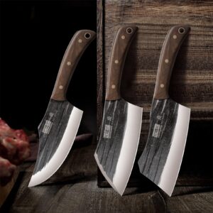 HOSHANHO Butcher Knife Set, 3 Pieces Kitchen Knife Set of Heavy Duty Butcher Bone Chopper Knife & Meat Cleaver Knife & Viking Knife, Professional Knife Set for Home, Cooking, Camping BBQ