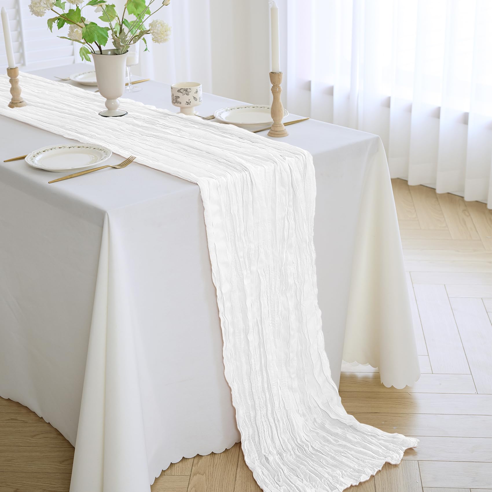 Cheesecloth Table Runner 10FT Gauze Boho Rustic Table Runner 35x120 Inch Long Table Runner for Wedding Baby Shower Bridal Shower Decoration(White)