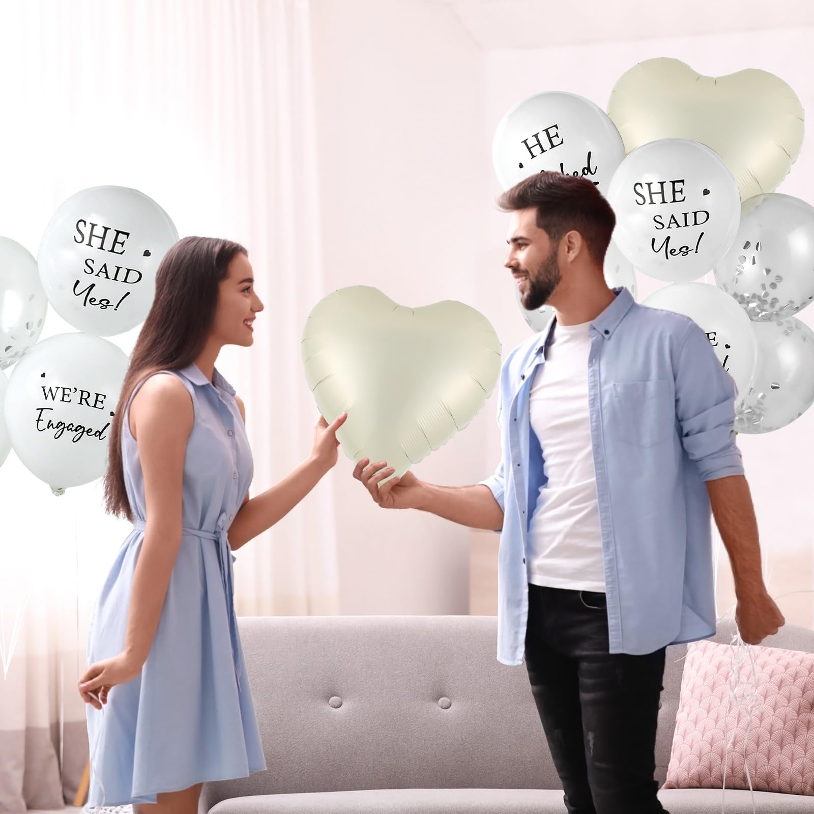 54Pcs Engagement Party Balloons Engagement Party Decorations He Asked，She Said Yes Balloon Cream Heart Shape Silver Confetti Latex Balloon for Bridal Shower Engagement Wedding Party Supplies