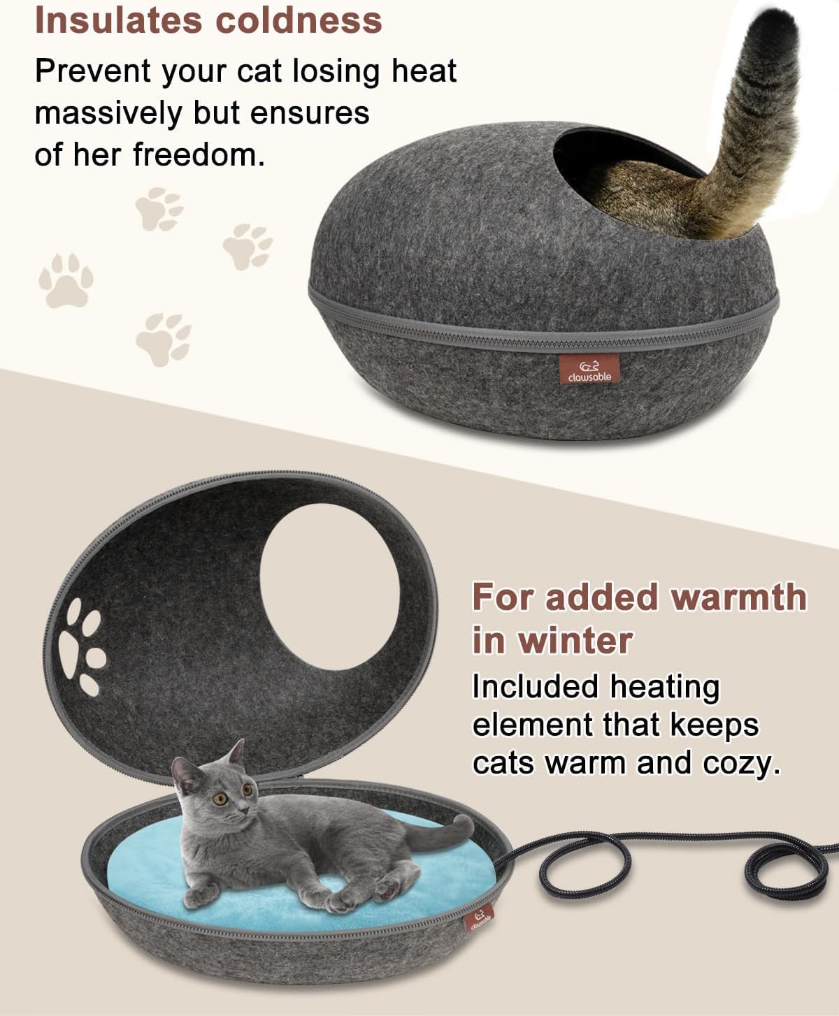 clawsable Heated Cat Bed for Large Cats, 19" Detachable Cave Heated Pet Bed with Time & Temp Adjustable Pet Heating Pad for Indoor Cat, Electric Cat Bed Heater Warmer for Cat