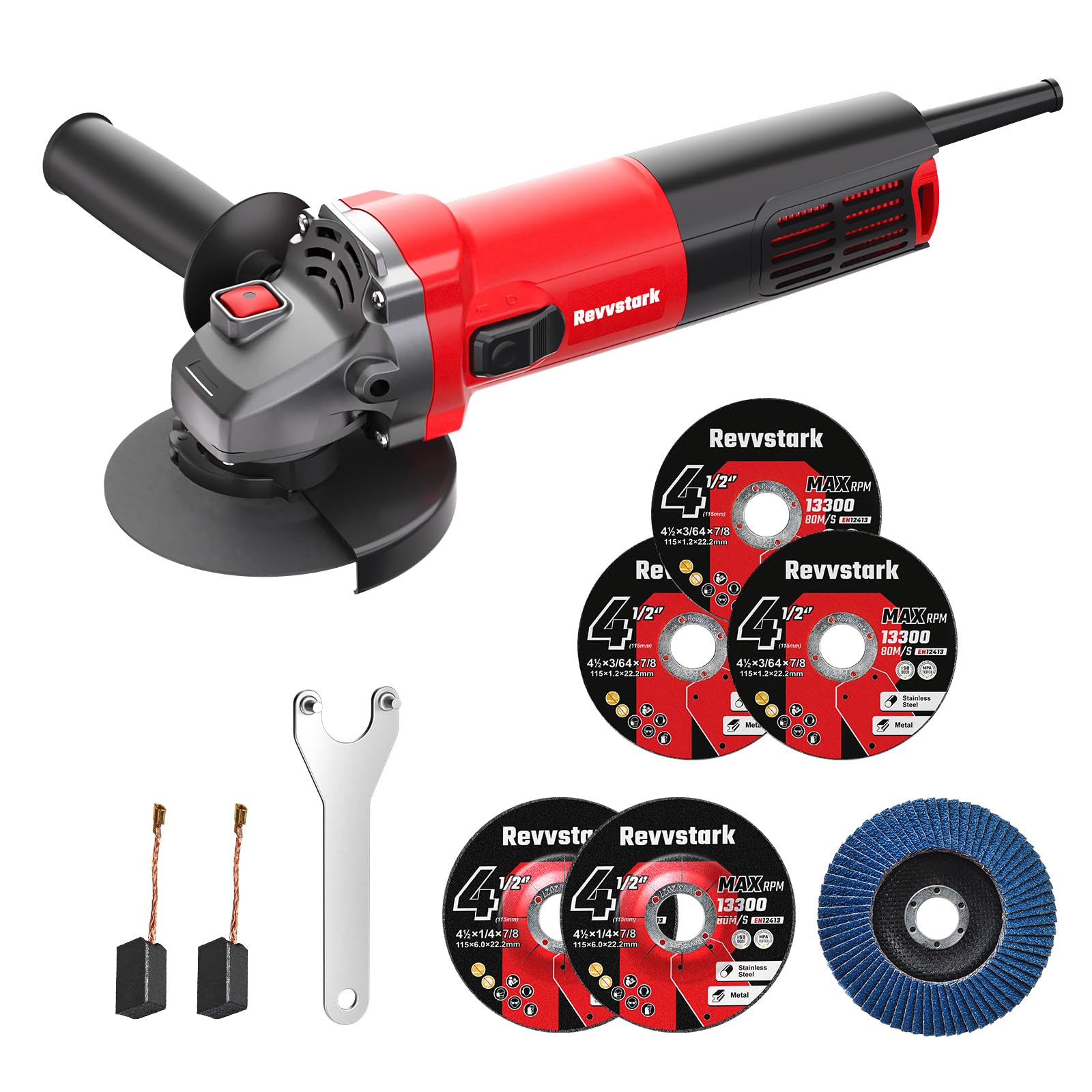 Revvstark Angle Grinder, 7.5-Amp 4 1/2 inch Electric Grinder Power Tools 12000 RPM with Cutting and Grinding Wheels, Flap Disc and Auxiliary Handle for Cutting, Grinding, Polishing