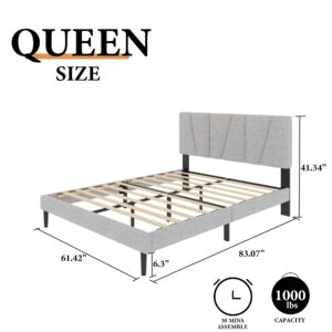 CXVX Queen Size Platform Bed Frame with Geometric Upholstered Headboard, Noise Free, Wooden Slats Support, No Box Spring Needed, Easy Assembly, Light Grey, Linen