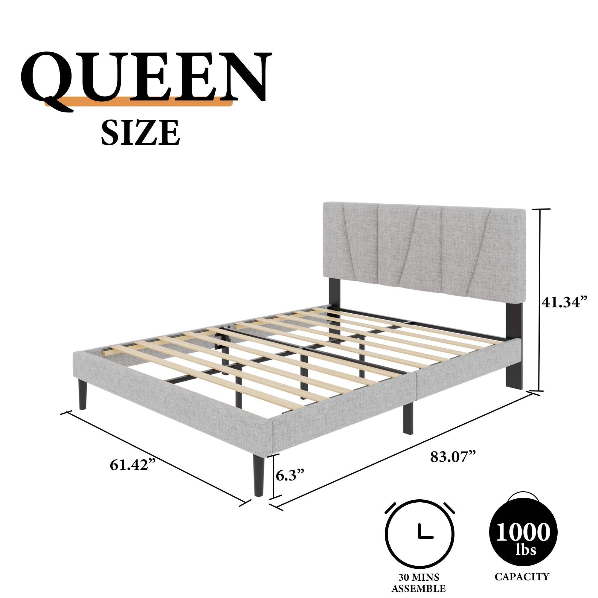 CXVX Queen Size Platform Bed Frame with Geometric Upholstered Headboard, Noise Free, Wooden Slats Support, No Box Spring Needed, Easy Assembly, Light Grey, Linen