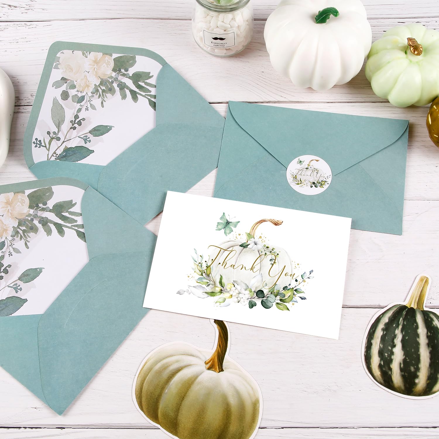 Quera 24 Pack Fall Thank You Cards Floral Pumpkin Autumn Blank Greeting Cards With Envelopes Stickers For Fall Baby Shower Weddings Thanksgiving Bridal Shower - 4x6 Inch