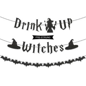 stcomart pre-strung glitter drink up witches banner for halloween witch decorations, witch halloween decor, halloween party decorations, black