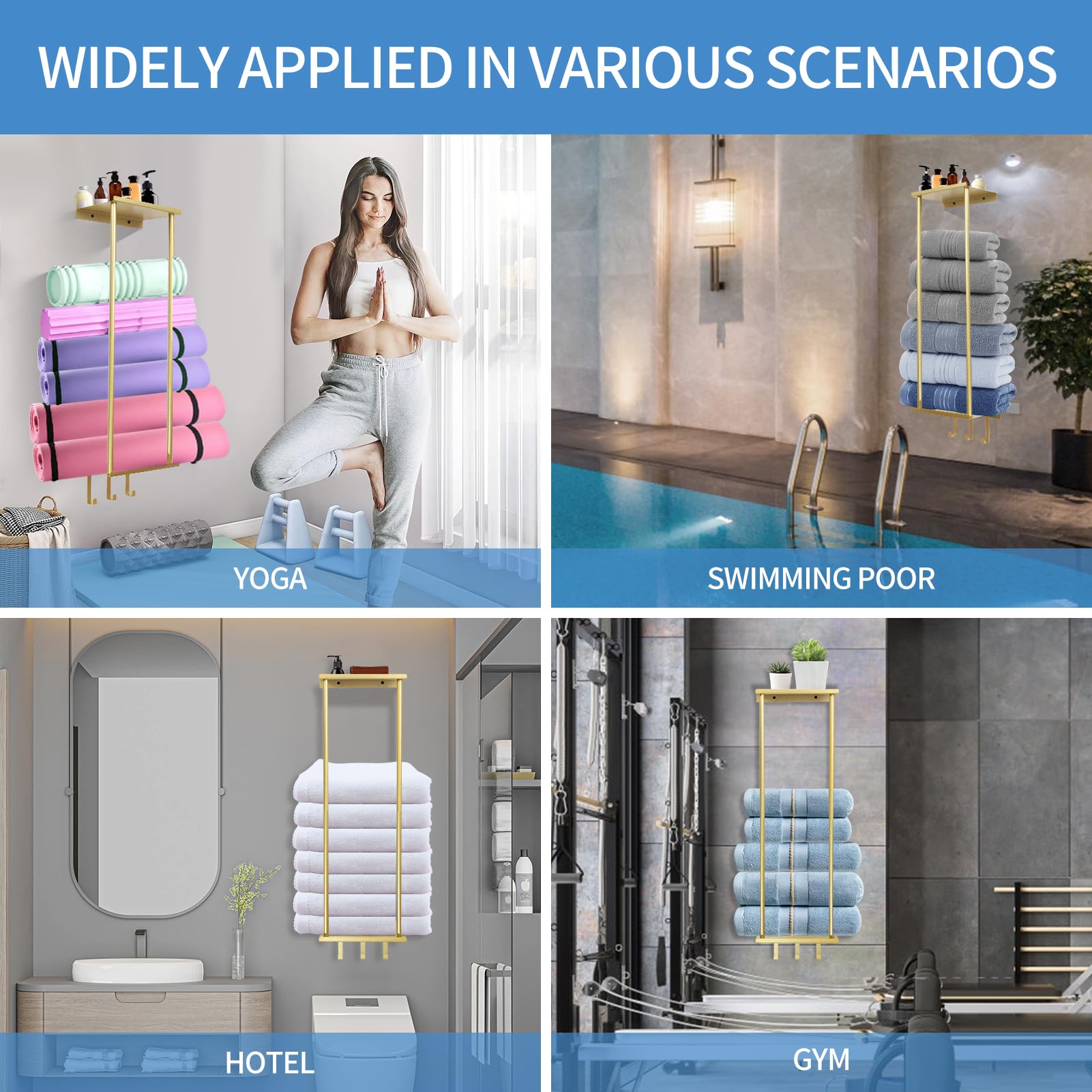 HOTNIU Towel Rack Wall Mounted Bathroom Towel Holder for Rolled Towels, Gold Metal Towel Storage Organizer with Shelf and 3 Removeable Hooks