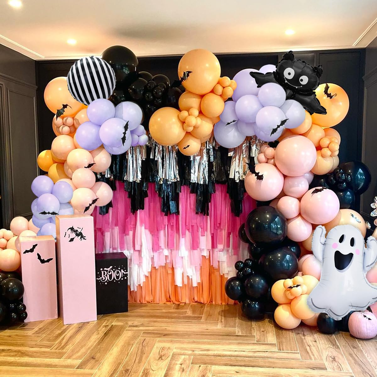 Double Stuffed Pink Halloween Balloon Arch Kit 142Pcs Pink Orange Purple Balloons with Bat Ghost Stripe Foil Balloons Bat Stickers for Spooky A Little Boo Ghost Theme Birthday Baby Shower Halloween