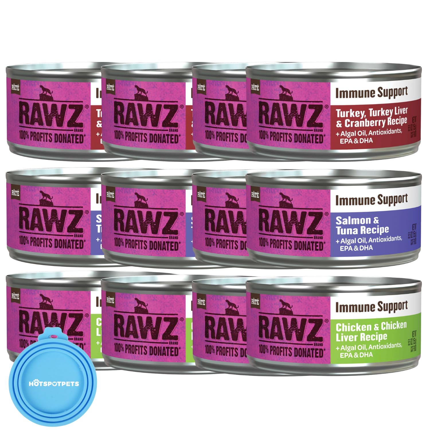 Rawz Natural Premium Pate Canned Food for Cats +ALGAL OIL, ANTIOXIDANTS AND EPA & DHA for Immune Support -12 Pack Cans Variety Flavor Bundle Pack -3 Flavors - with Hotspot Pets Can Lid - (5.5 oz Cans)