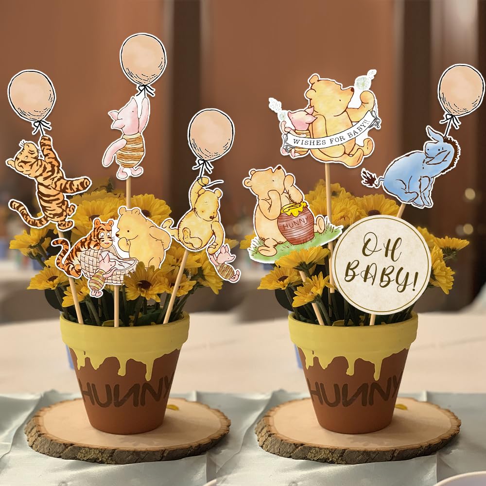 UEBTGRNN Winnie themed 16pcs cake topper, Centerpieces stick table toppers for baby shower and birthday party