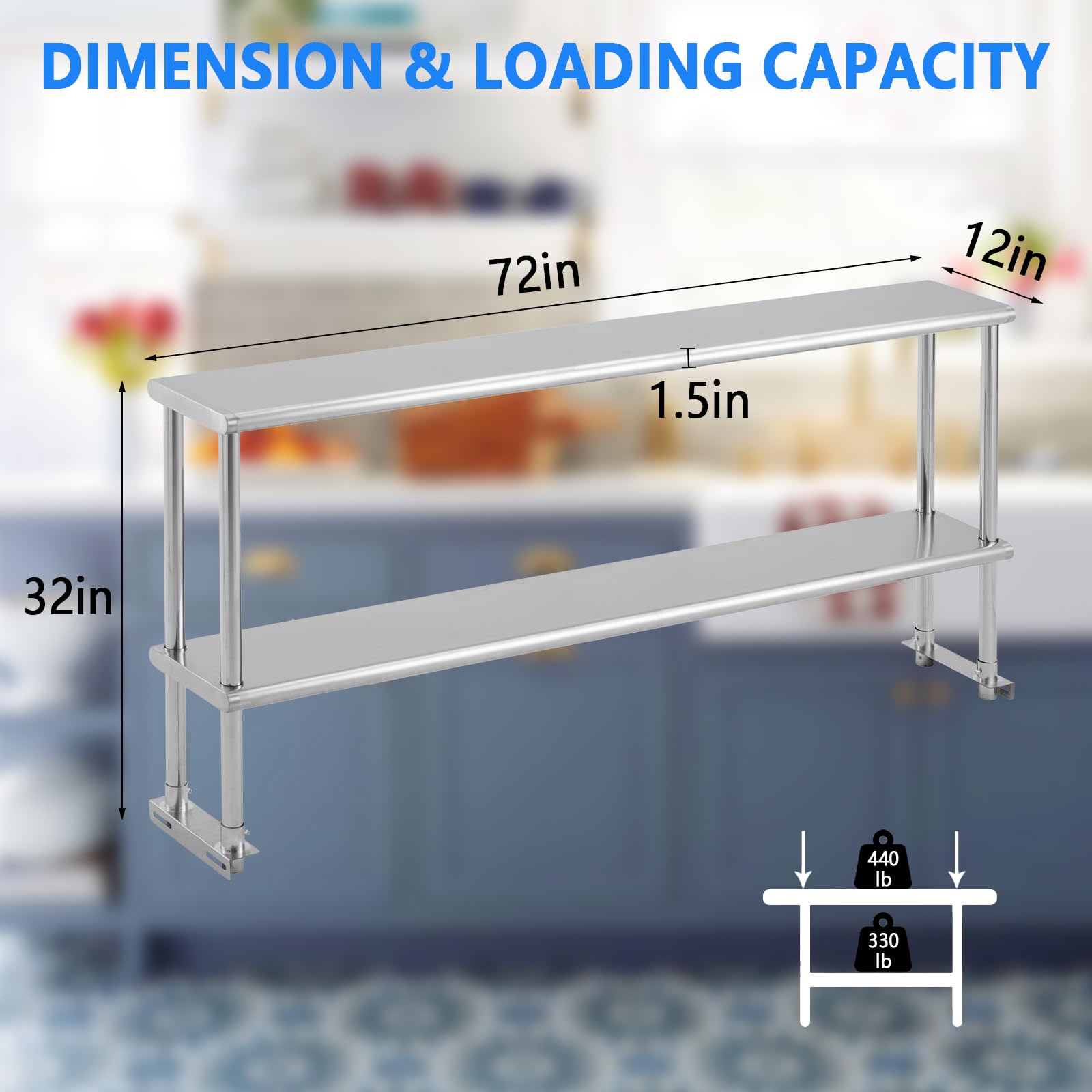 Agrestem Stainless Steel Double Shelf,72 Inch Restaurant Kitchen Shelf, Supports Up to 800 Pounds, NSF Commercial Adjustable Double Shelf 2 Tier for Restaurant, Kitchen and Workshop, Silver